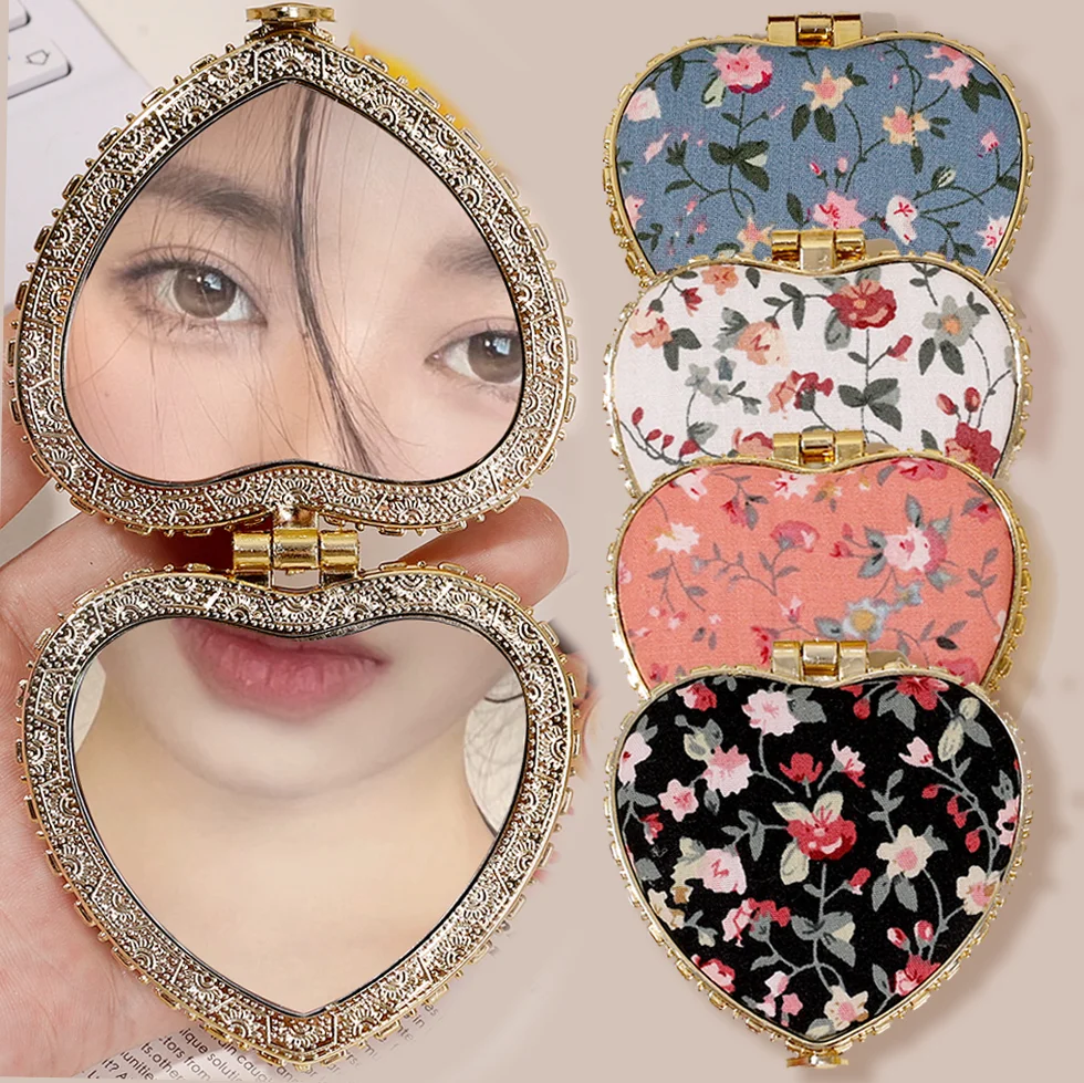 Retro-Fabric-Covered-Folding-Makeup-Mirror-Metal-Round-Case-Double-Side ...