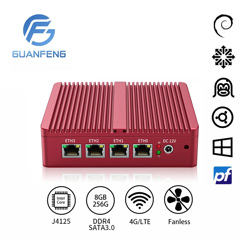 Soft Routing G30 Intel J4125 Processor Red Chassis Fanless 2.5 Gigabit Ethernet 4LAN Linux ...
