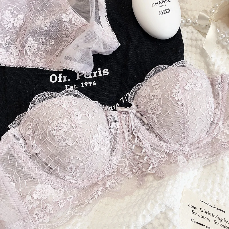 Women lingiere lace memory soft steel ring bra with briefs suit thin ...