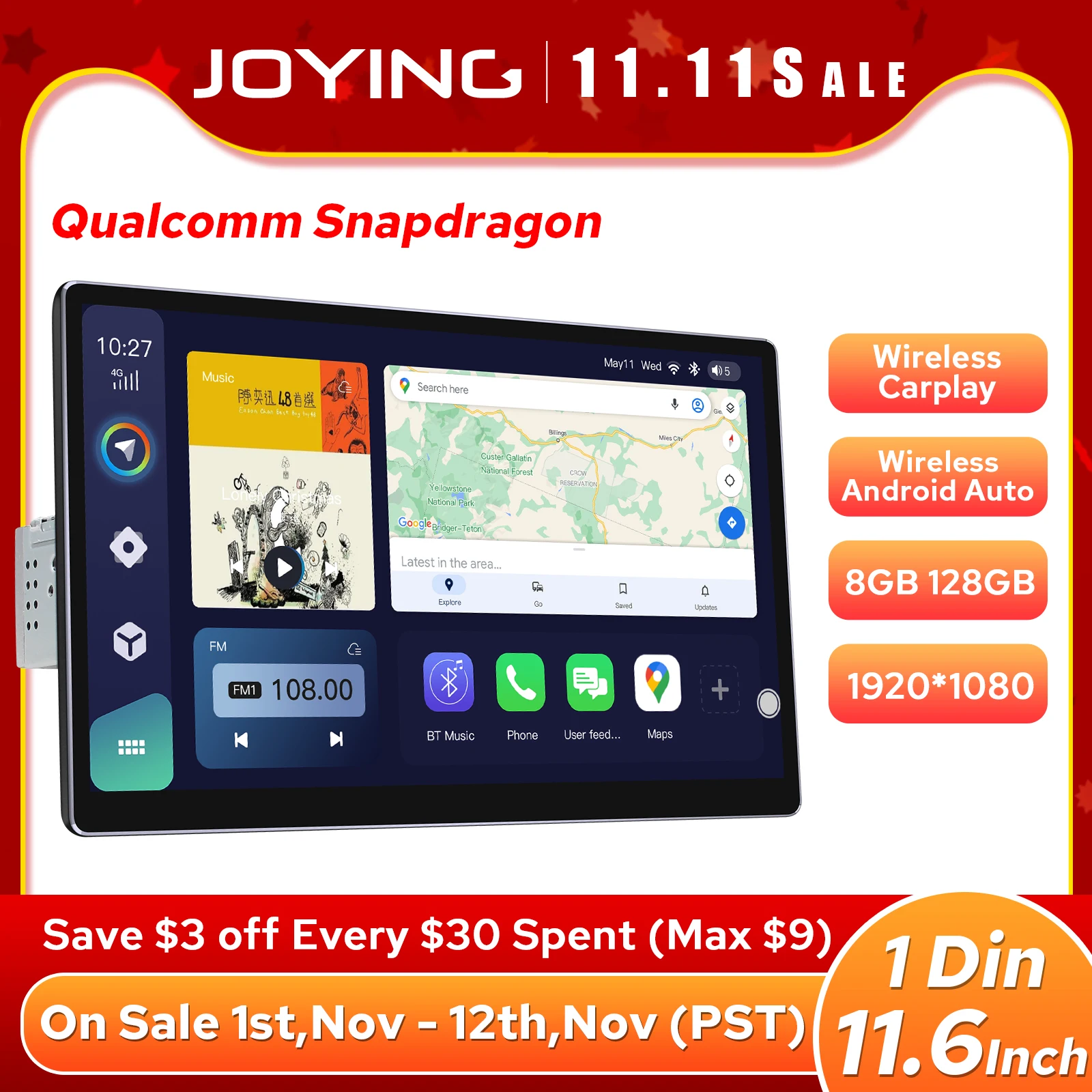 Qualcomm Snapdragon 625 Android Car Radio 11.6” Ultra-thin Full-fit ...