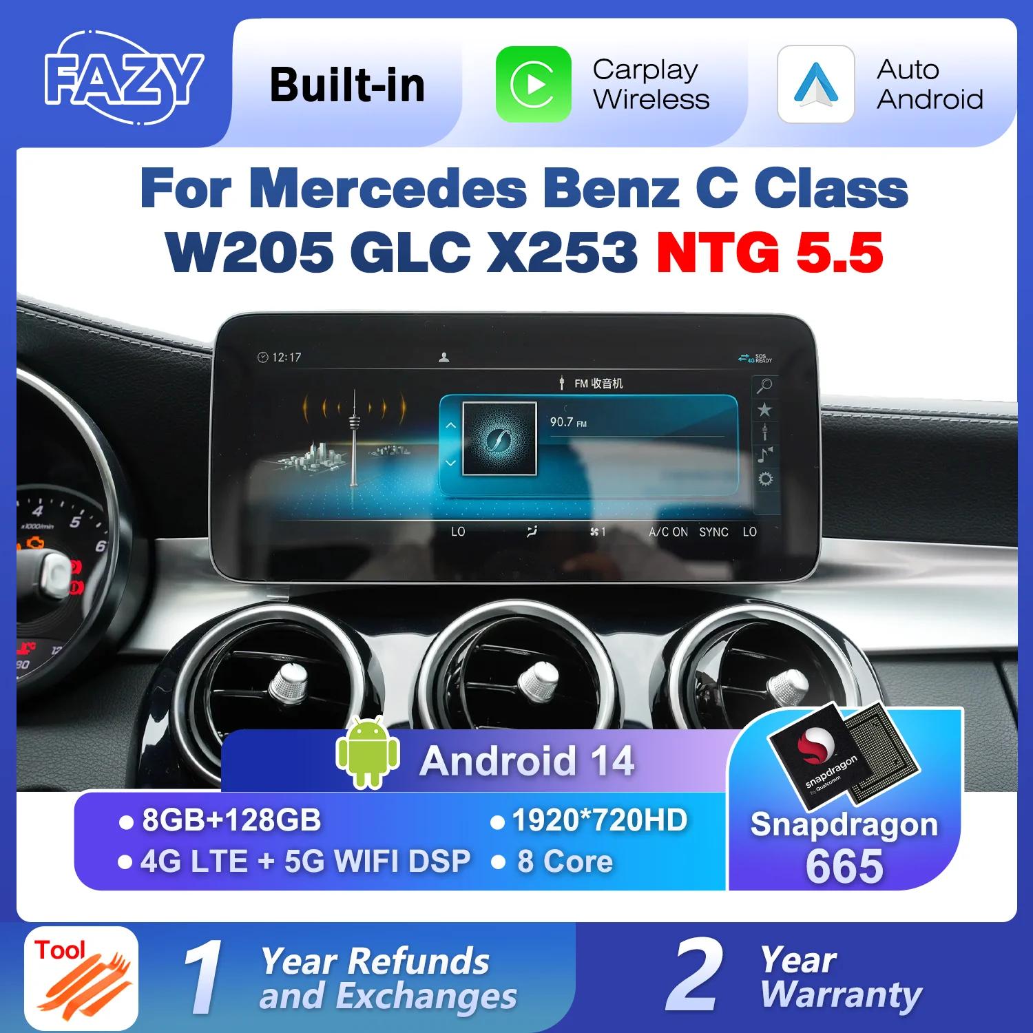 Android 14 Wireless CarPlay For Mercedes Benz C Class W205 GLC X253 ...