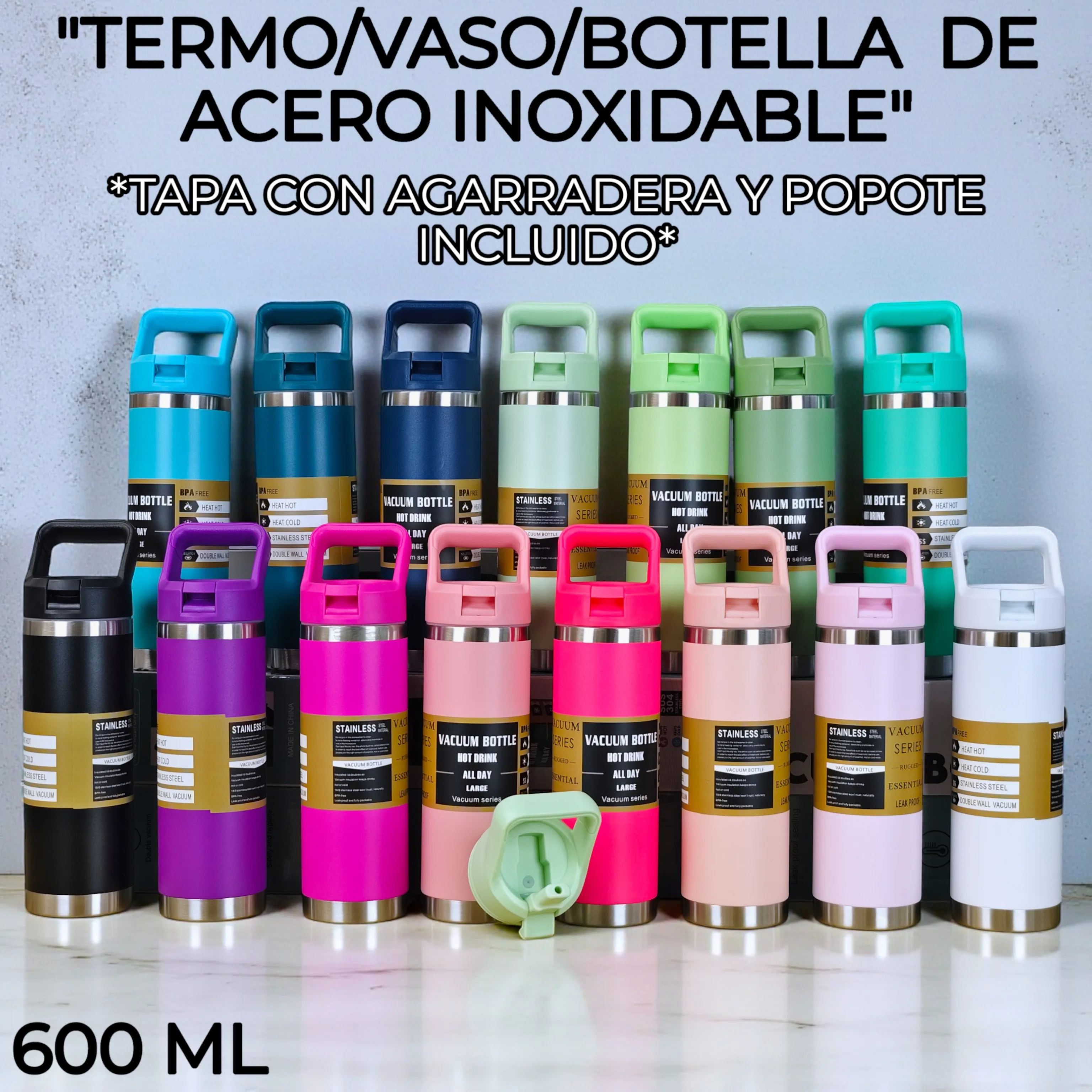 Vaso/Botella/Termo De Acero Inoxidable resistente con agarradera y ...