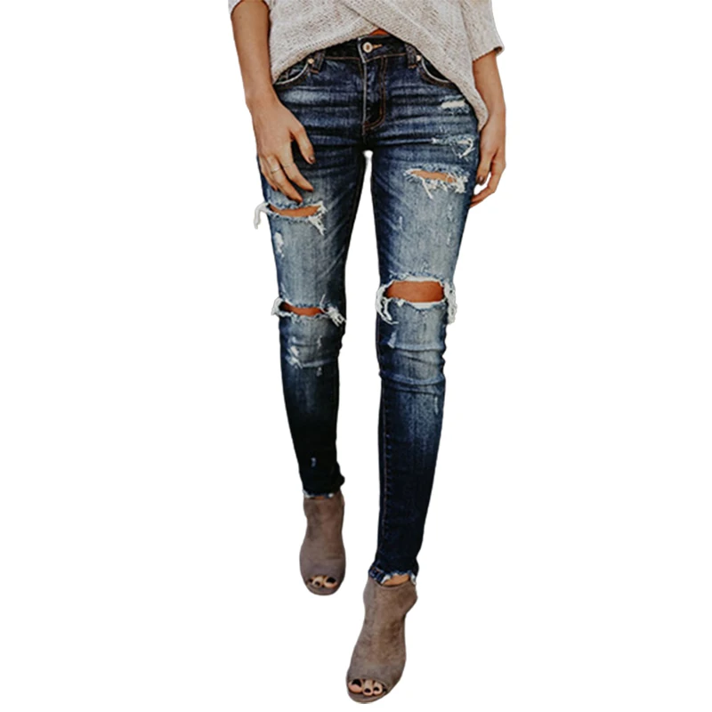 Fashion Stretch Ripped Mid Rise Frayed Pocket Distressed Jeans