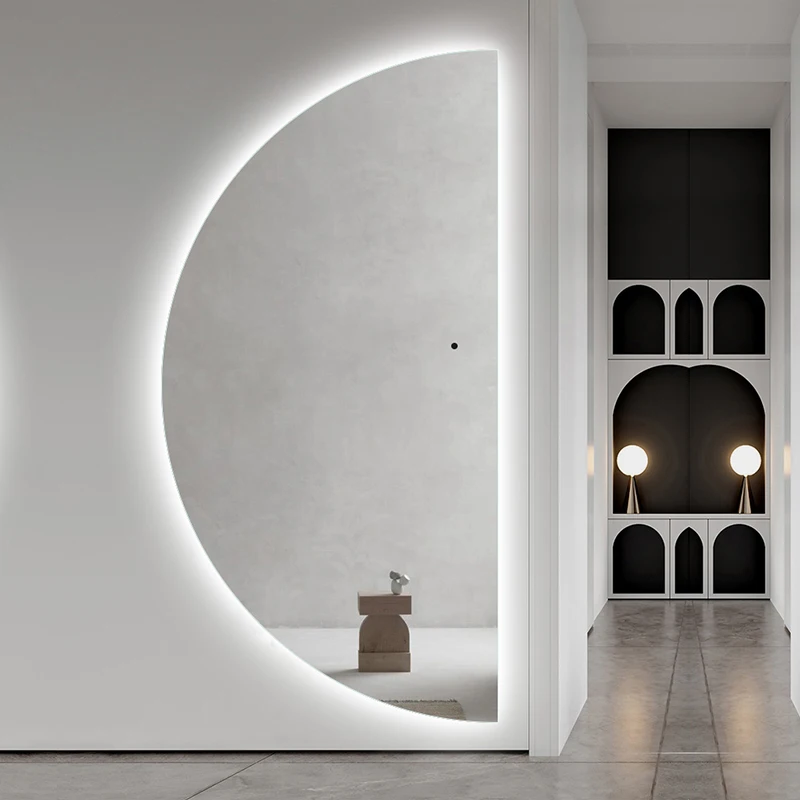 Half round mirror LED intelligent wall mounted bathroom mirror irregular mirror half moon shaped ...