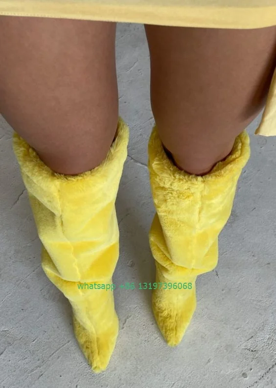 Lady-yellow-design-fur-pointed-toe-boots-feather-design-warm-boots-fall ...