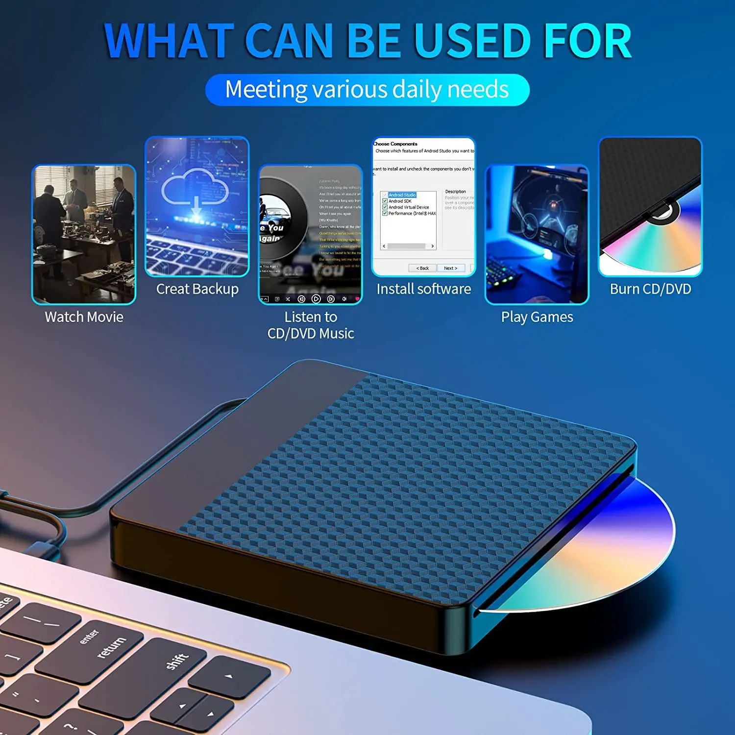 2 in1 USB3.0 TypeC External DVD RW CD Writer Drive Burner Reader Player ...