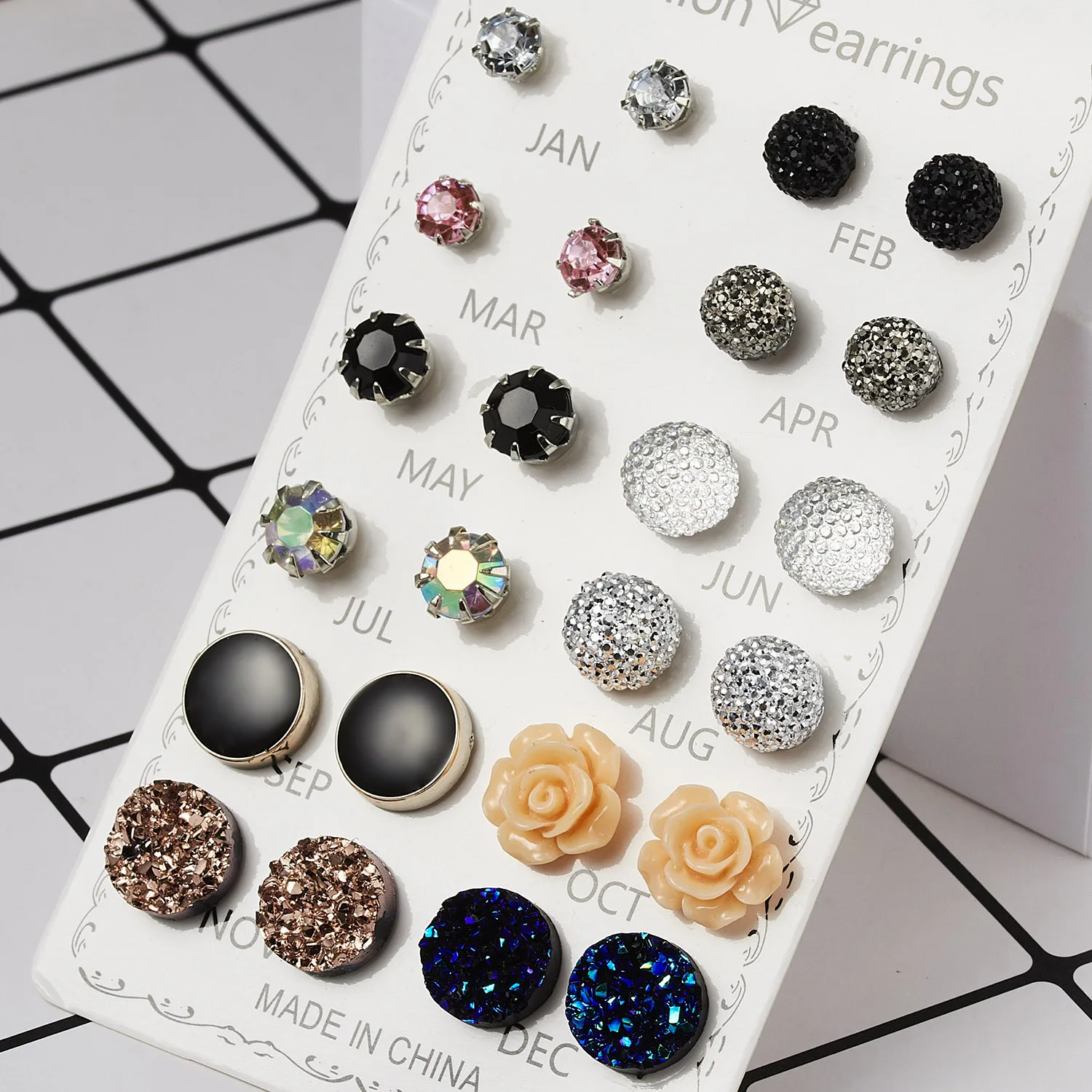 12-Pairs-Lot-Acrylic-Rhinestone-Fashion-Earrings-Set-For-Women-Flower ...