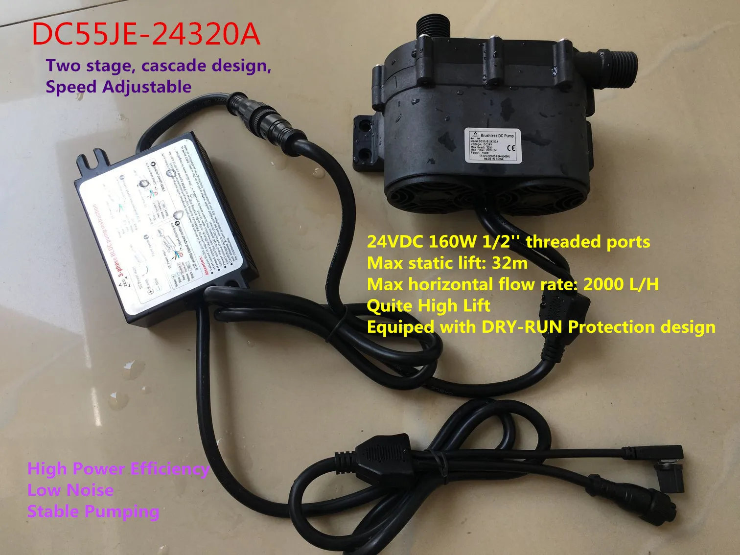 24v Dc Power Speed Adjustable Brushless Water Pump Dc55je-24320a 160w ...