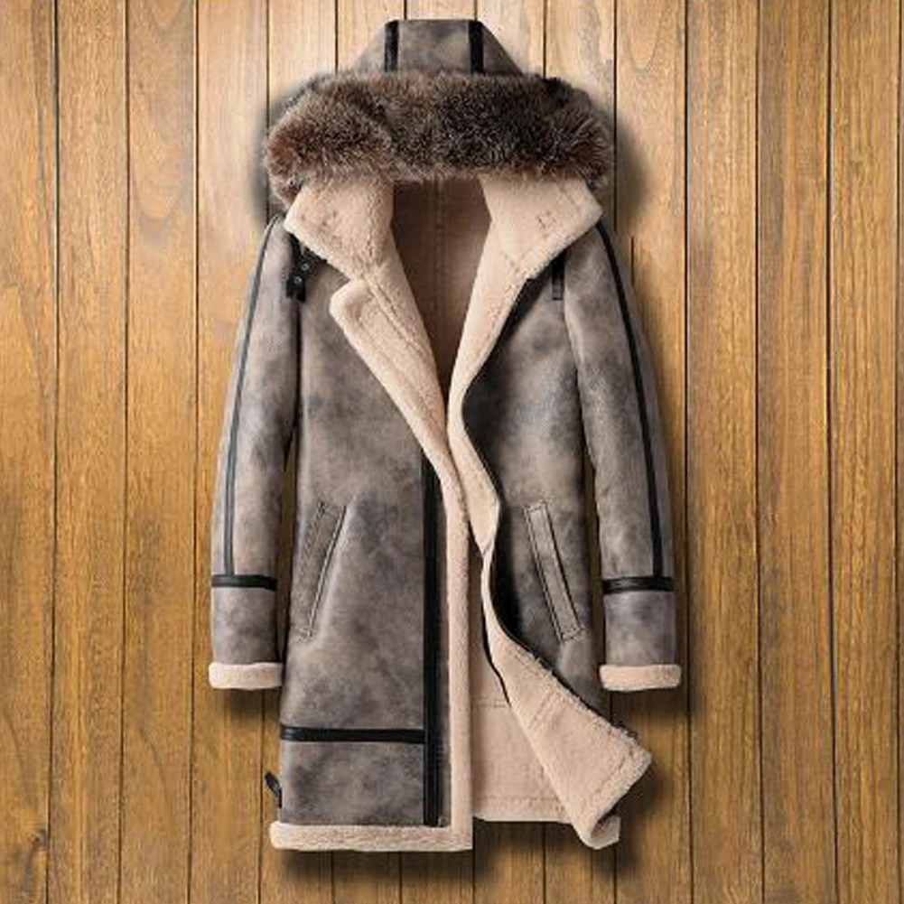 Denny&Dora Shearling Coat Mens B7 Bomber Jacket Motorcycle Jacket Long Fur Coat Grey Leather ...