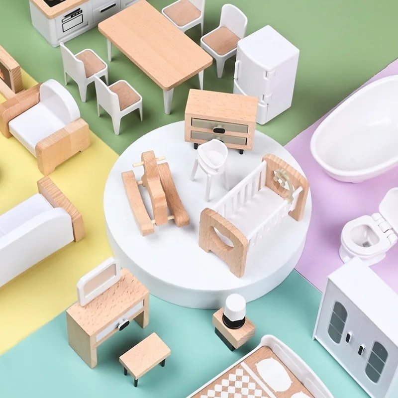 Wooden-Dollhouse-Furniture-Set-Toys-Mini-Furnitures-Accessories-Pretend ...