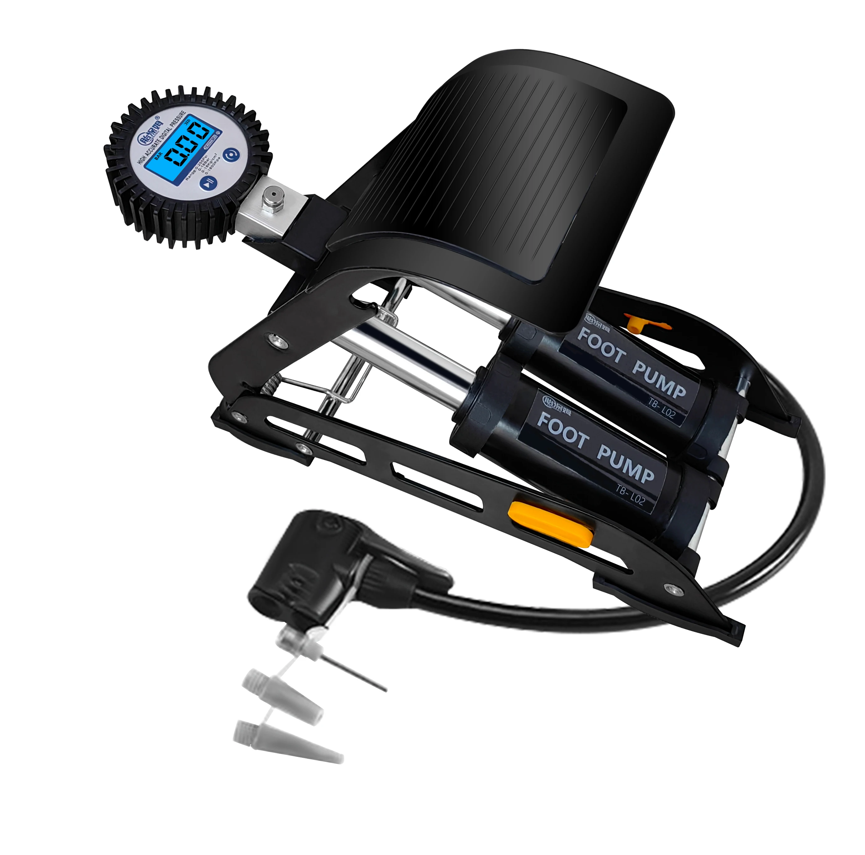 255psi 풋 펌프 휴대용 공기 팽창기 자동차 더블 배럴 페달 고압 게이지 디플랫 밸브 에어 파이프 포함