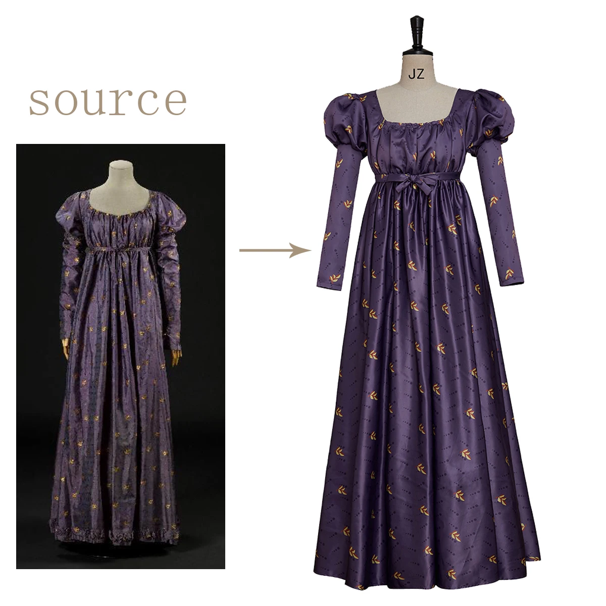 1800S Purple Regency Dress Victorian Puff Sleeve Long Sleeve Floral ...
