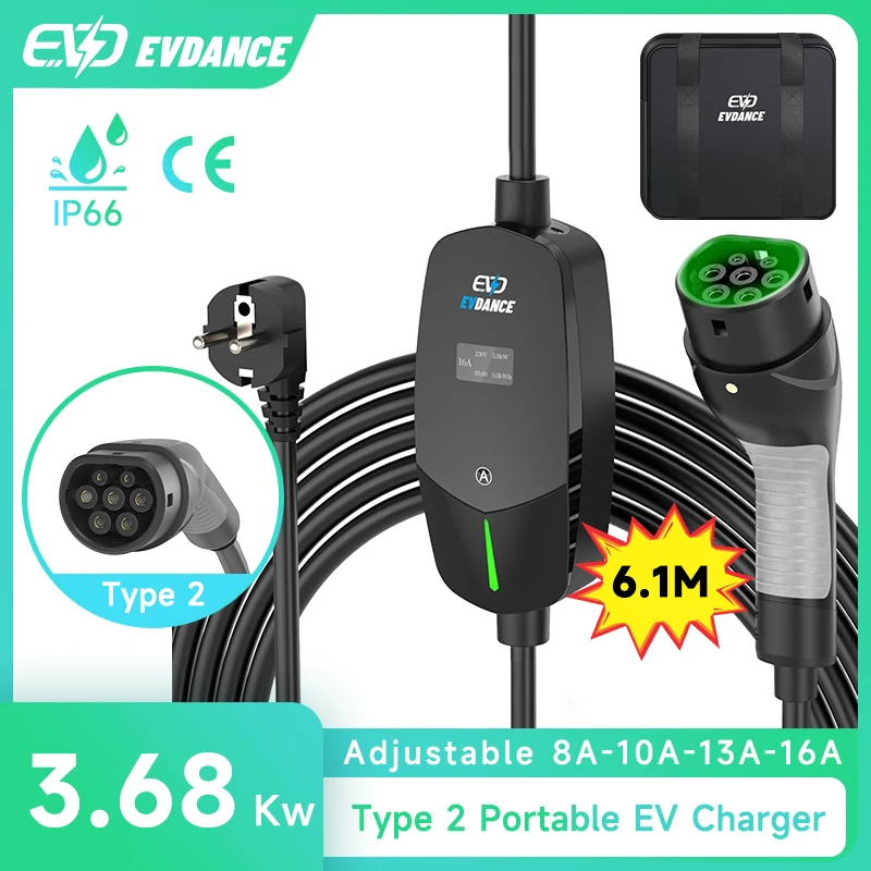 Type 2 Portable EV Charger 3.68Kw 16A Adjustable Electric Vehicle ...
