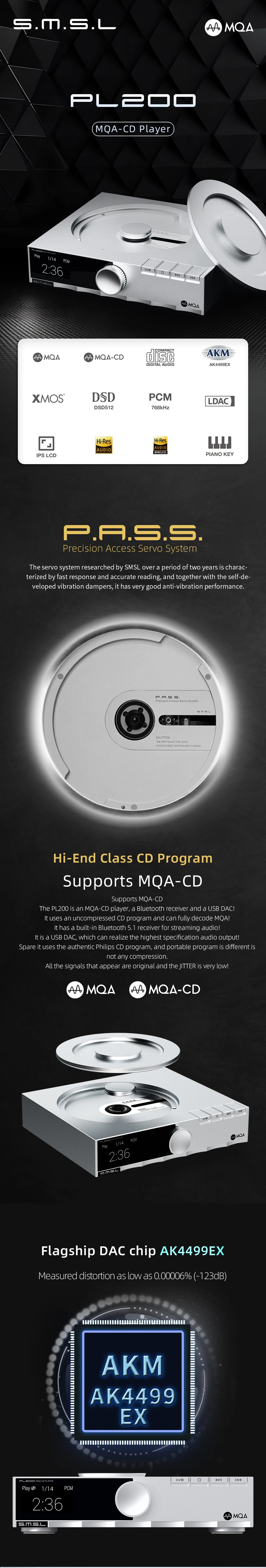 SMSL PL200 Hi-res CD & Player AK4499EX MQA DAC