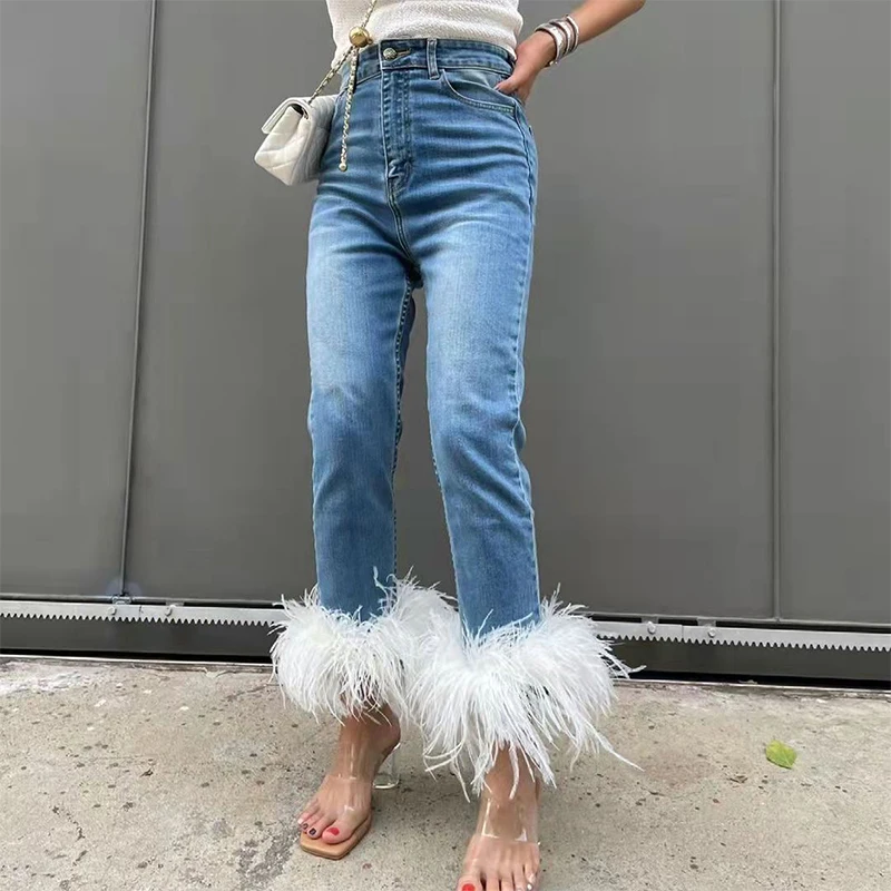 Designer Style Spring Streetwear Ostrich Feathers Jeans Women Denim ...