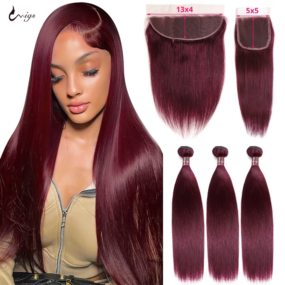 Human Hair Bundle Closure Color 99j | Burgundy Bundles Closure Remy ...