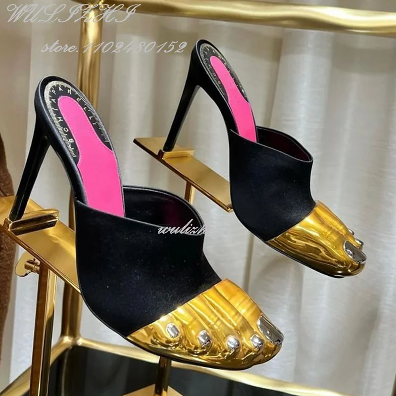 Gold Five Stiletto Slippers Women Black Suede Sexy Weird Design Summer ...