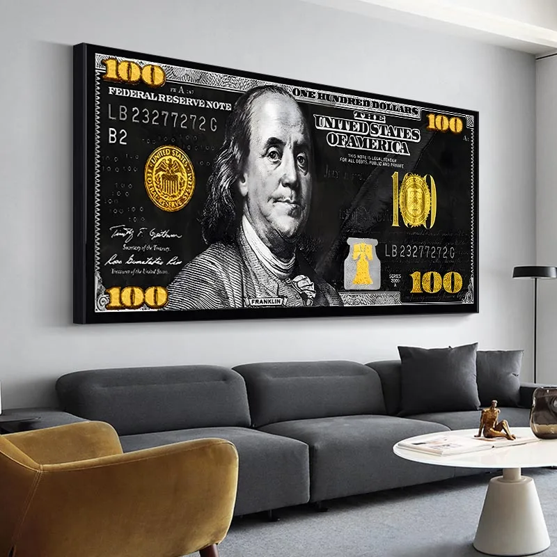 Black-White-Gold-Franklin-100-Dollar-Bill-Canvas-Art-Print-Poster-Money ...