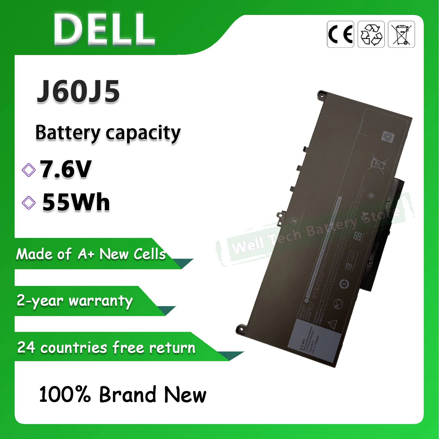 7.6V 55Wh J60J5 Laptop Battery For DELL Latitude E7260 E7270 E7470 ...