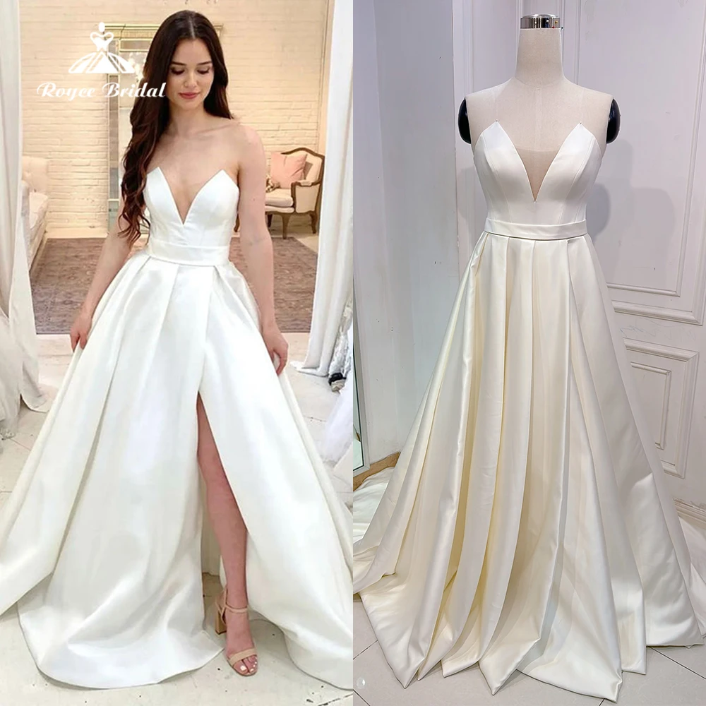 Simple Sexy Split Deep V Neck Sleeveless Pleat Satin A Line Wedding ...