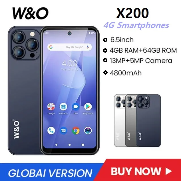 W&O X200 Cheap 4G Smartphones Quad Core 4GB+64GB 6.53Inch HD+ Display ...