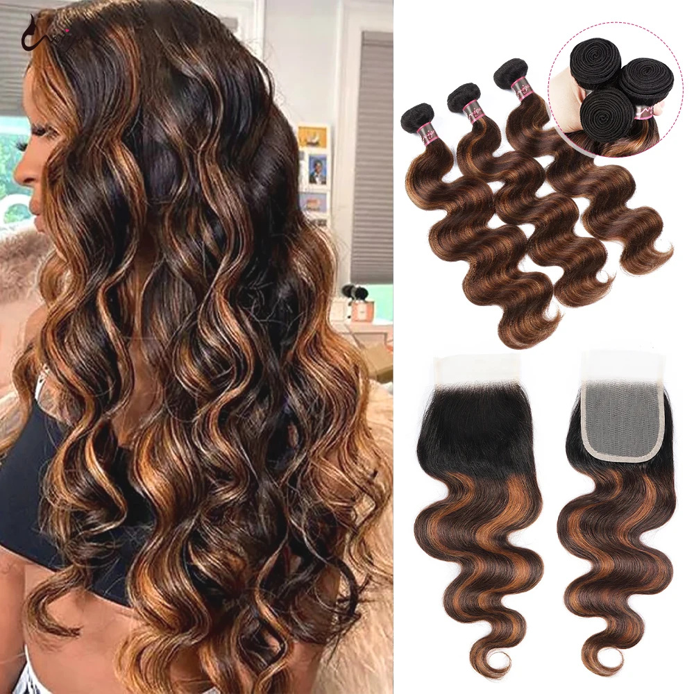 FB-30-Body-Wave-Bundles-With-Closure-Highlight-Brazilian-Human-Hair ...