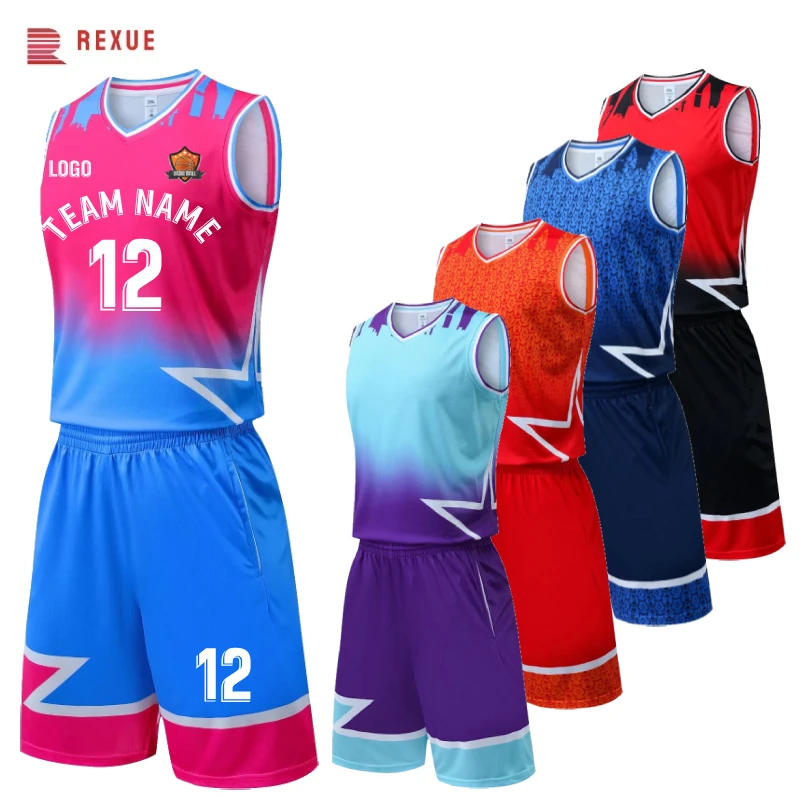 Wholesales Blank Custom Basketball Jerseys Star Design Blue Pink ...