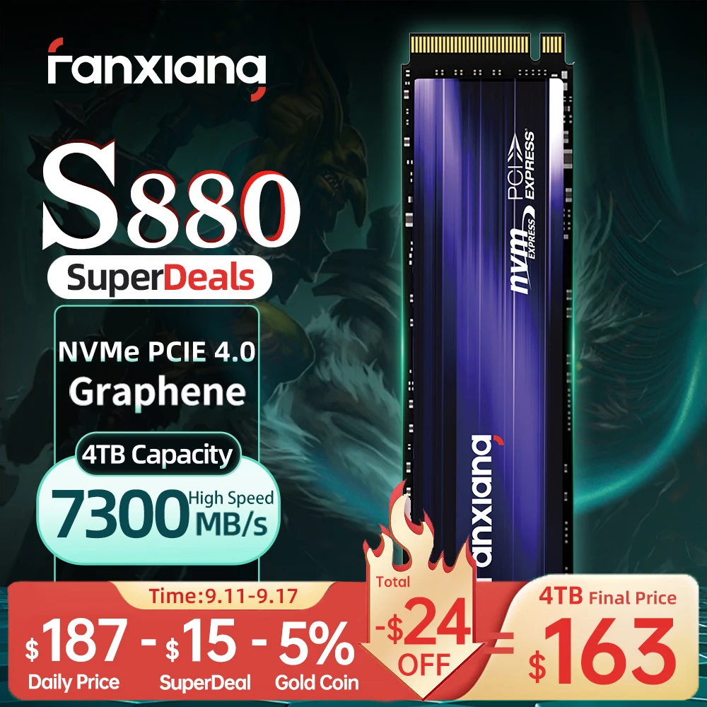 Fanxiang S880 M2 SSD 2TB 4TB 7300MB/s M.2 NVMe PCIe 4.0 x4 SSD Disk SLC Cache Internal Solid ...
