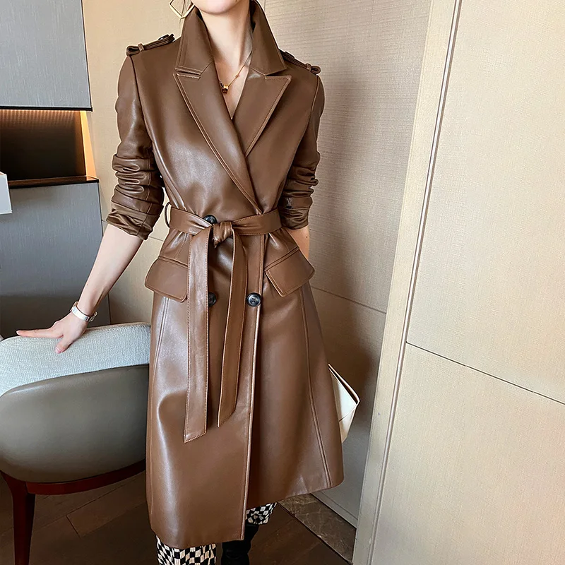 2022-Women-Real-Leather-Trench-Coat-Lady-Genuine-Sheepskin-Long-Coats ...
