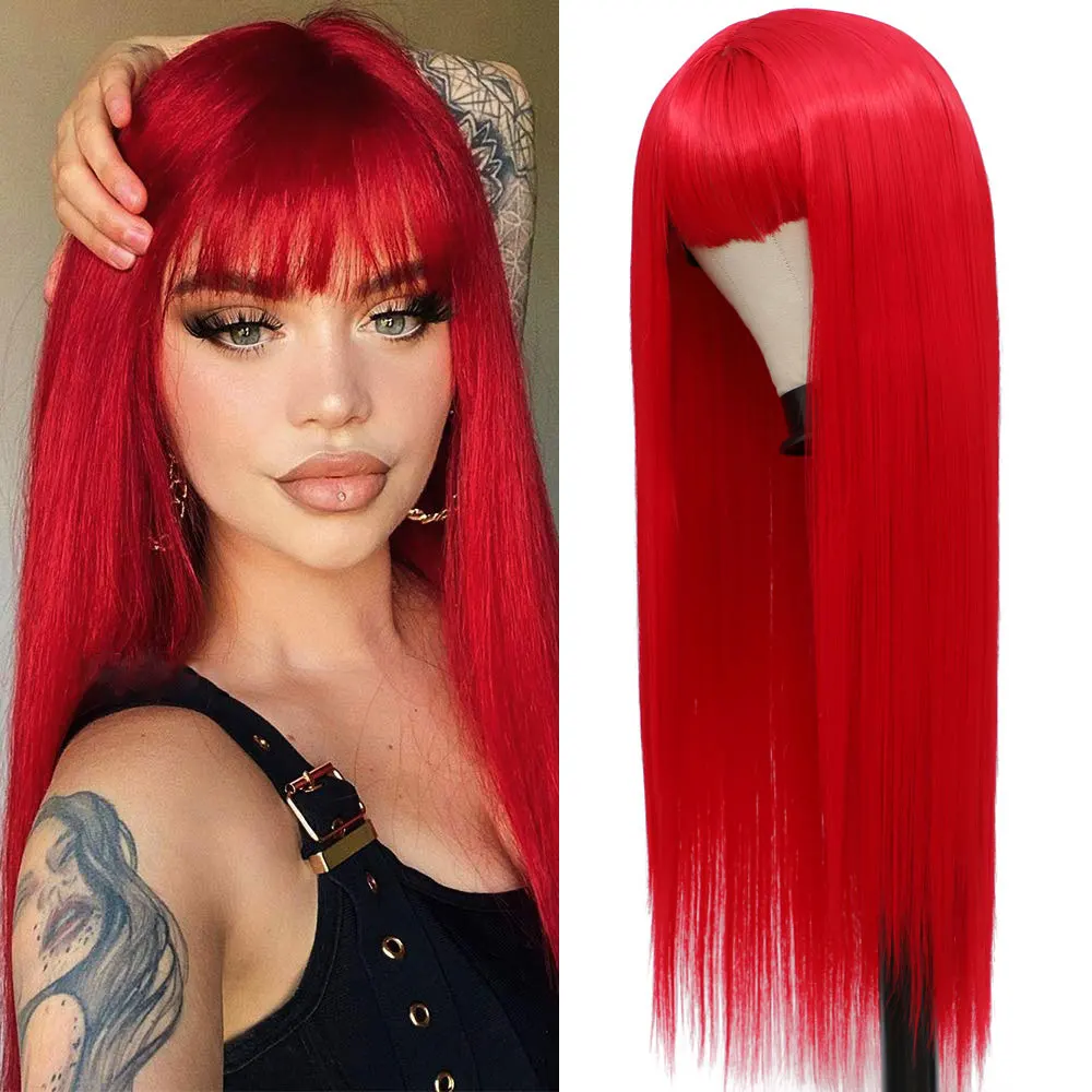 Straight-Red-Synthetic-Wig-with-Bangs-Natural-Black-Brown-Ginger-Blonde ...