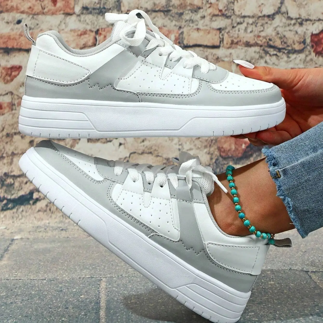 Women-Two-Tone-Skate-Shoes-Lace-up-Front-Sporty-Sneakers-color-blocking ...