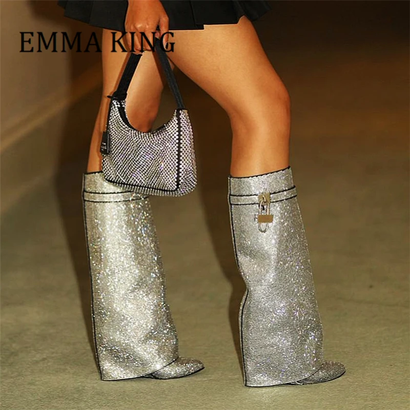 Women-Metal-Lock-Knee-high-Boots-Bling-Rhinestone-Slip-On-Metallic ...