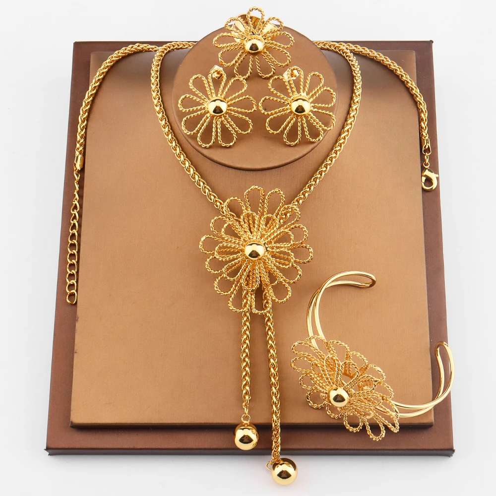 Flower Shape Jewelry Set for Women Gold Color Necklace Earrings ...