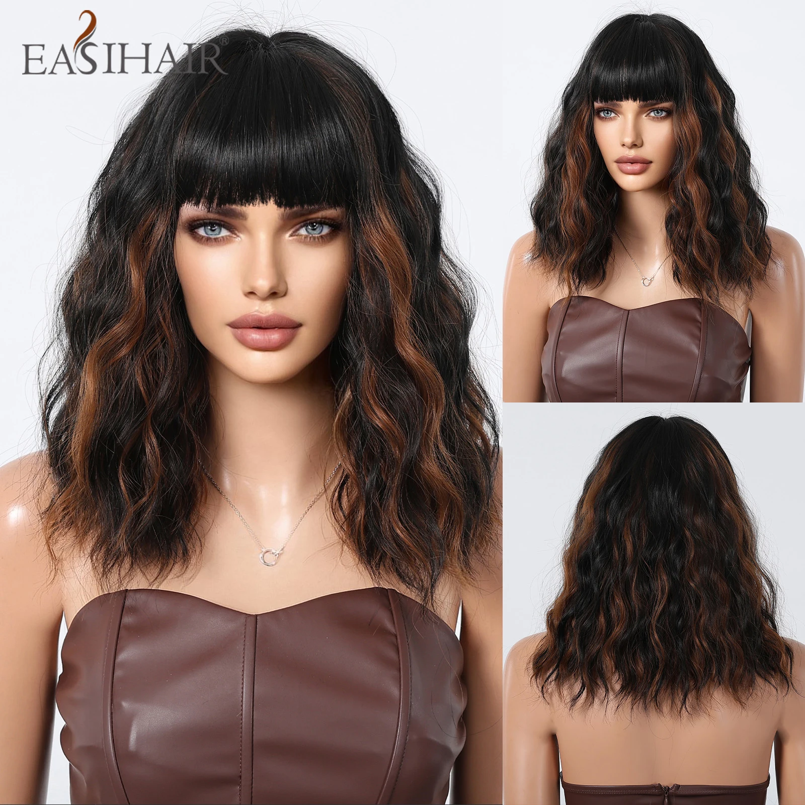 EASIHAIR-Black-Mixed-Brown-Highlights-Wigs-With-Bangs-Short-Bob ...