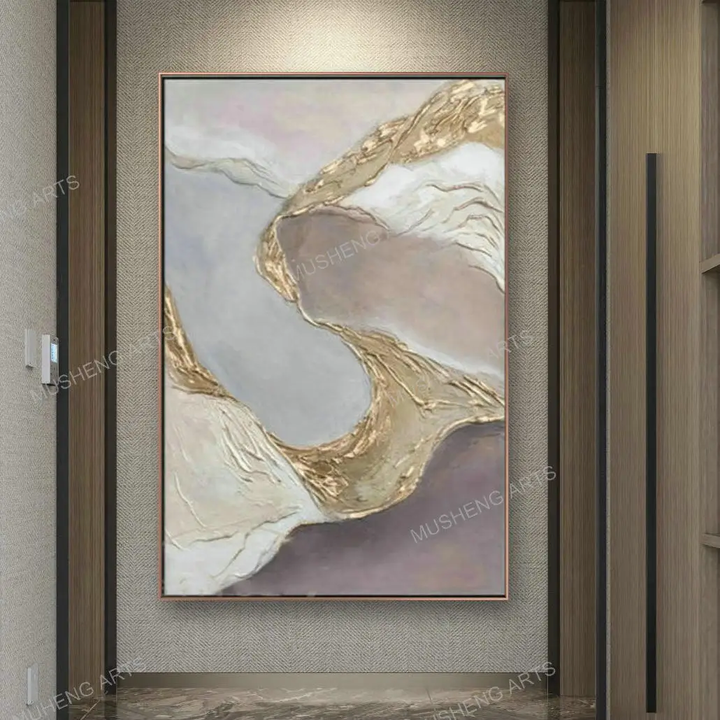 Modern Abstract Acrylic Golden Line Wall Art Oil Painting Pure Handmade ...