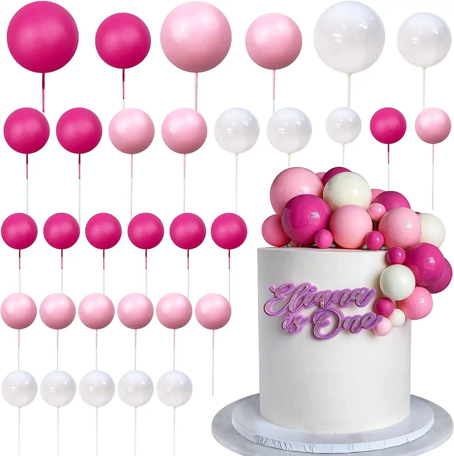 32PCS-Pink-White-Hot-Pink-Ball-Shaped-Cake-Picks-Topper-Cupcake-Insert ...