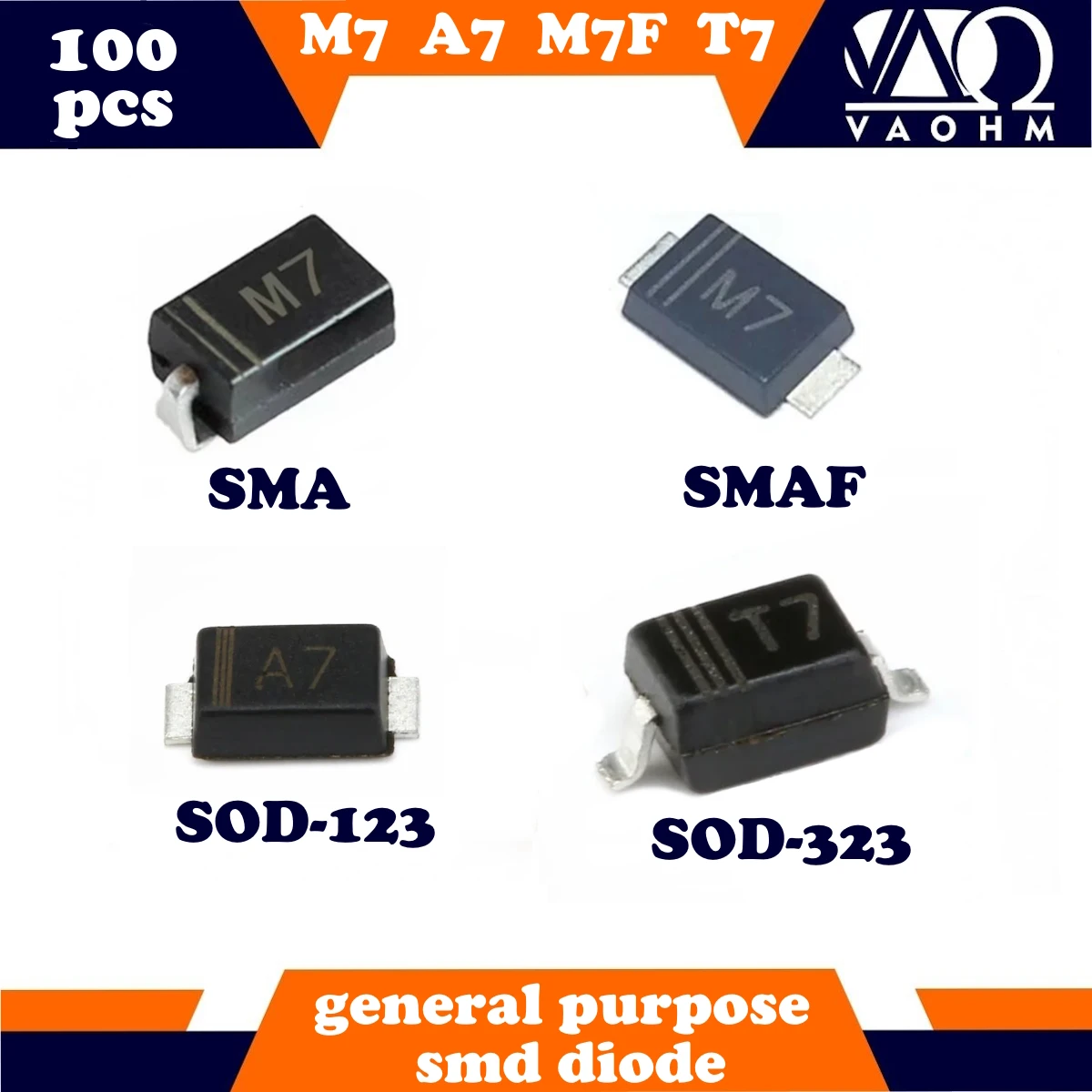 100PCS-M7-SMA-M7F-SMAF-A7-SOD-123-T7-SOD-323-1N4007-Surface-Mount ...