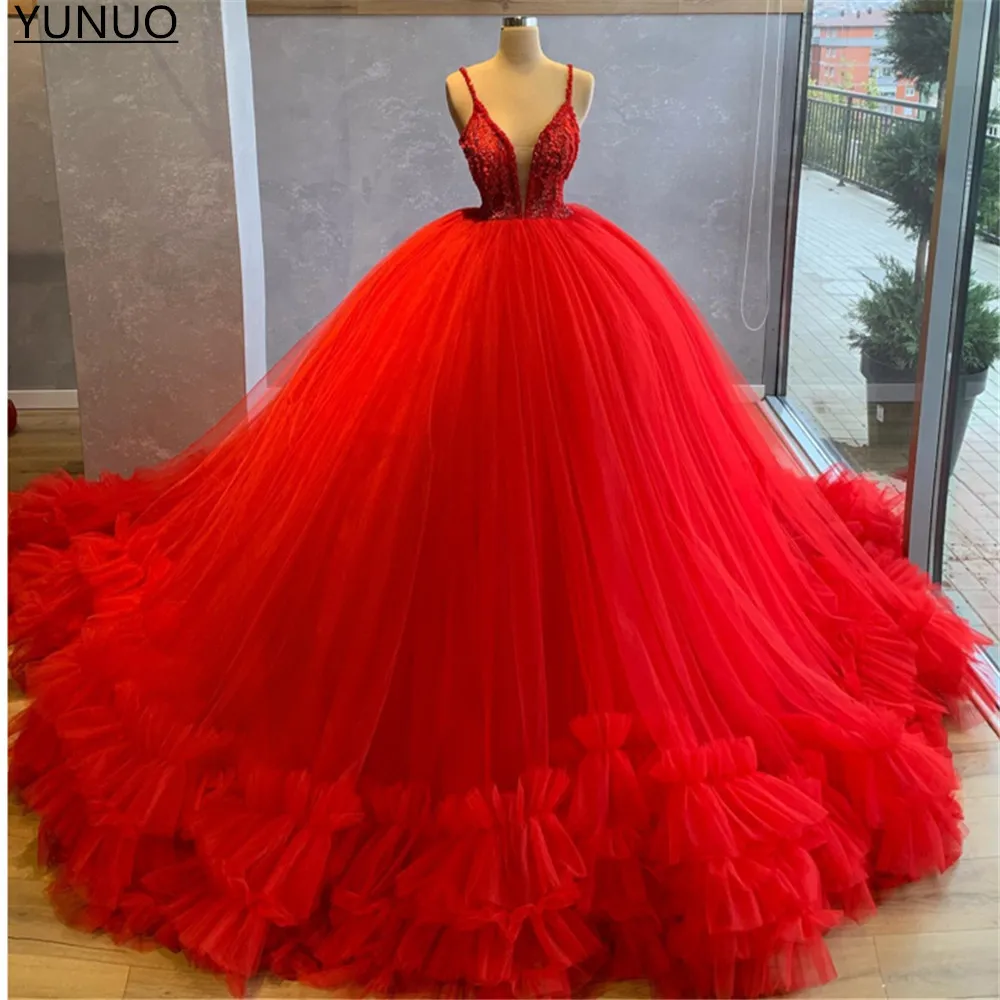 YUNUO-Ruffles-Tulle-Red-Evening-Party-Dresses-Long-Train-Red-Beading ...