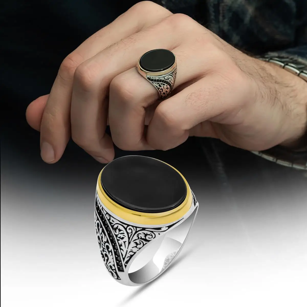 Solid 925 Sterling Silver Men Ring With Onyx Stone And Zircon Side ...