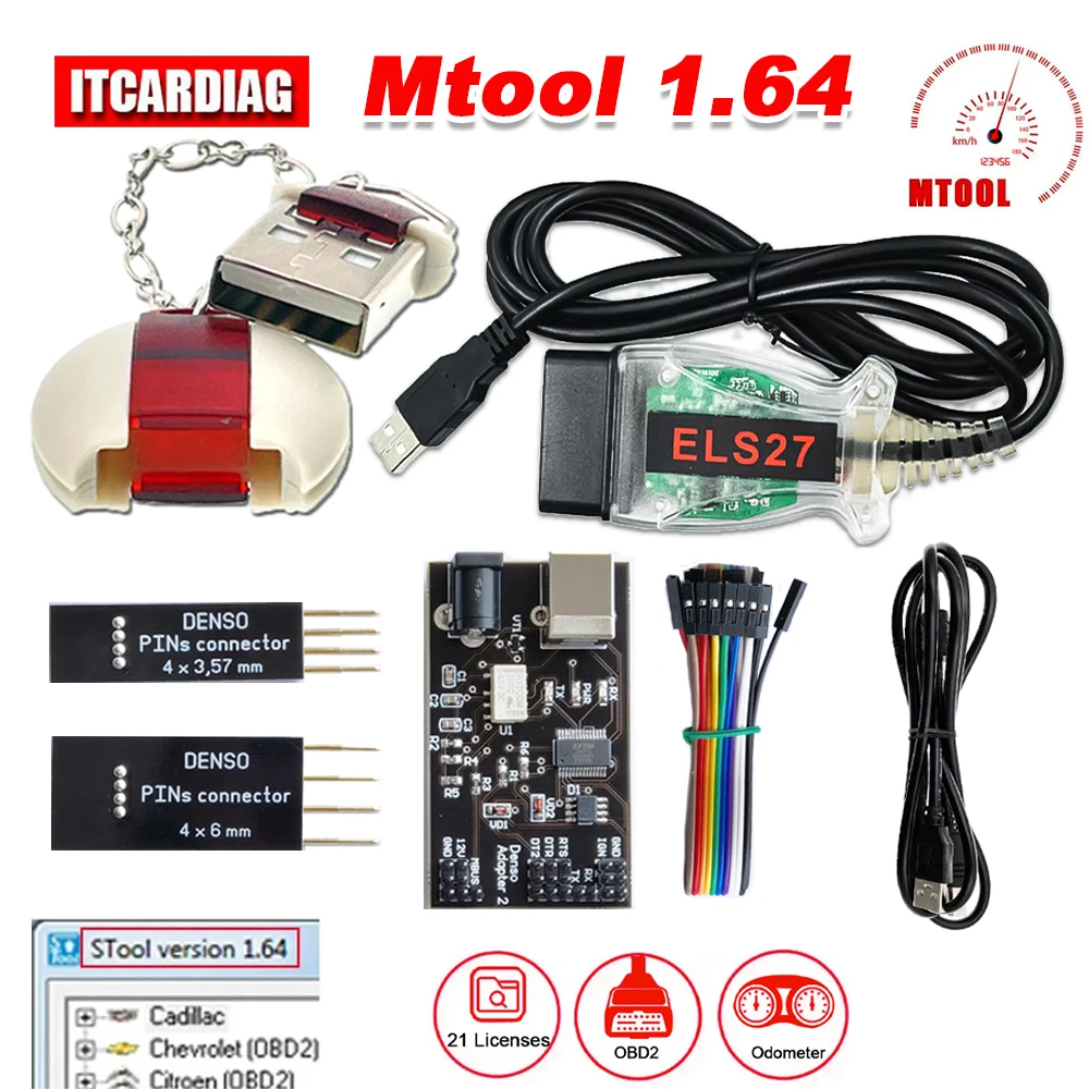 Mtool V1.64 Software Mileage Correction Adjustment Tool Full Set Dongle + Denso Adapter + Denso ...