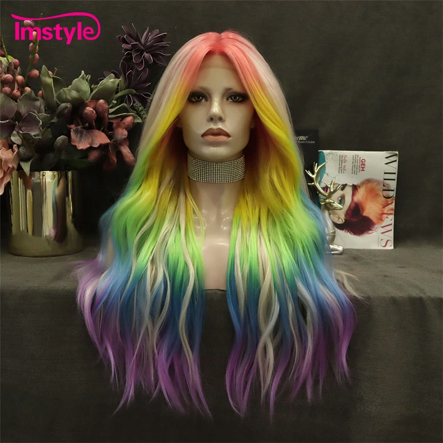 Imstyle Rainbow Synthetic Lace Front Wig Colorful Lace Wigs Ombre Wig ...