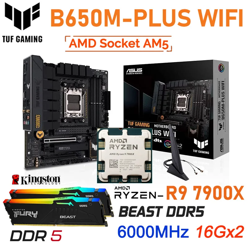 Placa-mãe Gaming Kingston-Tuf, CPU AMD R9 7900X, AMD, B650M Plus, Soquete WiFi, AM5, USB 3.2 ...