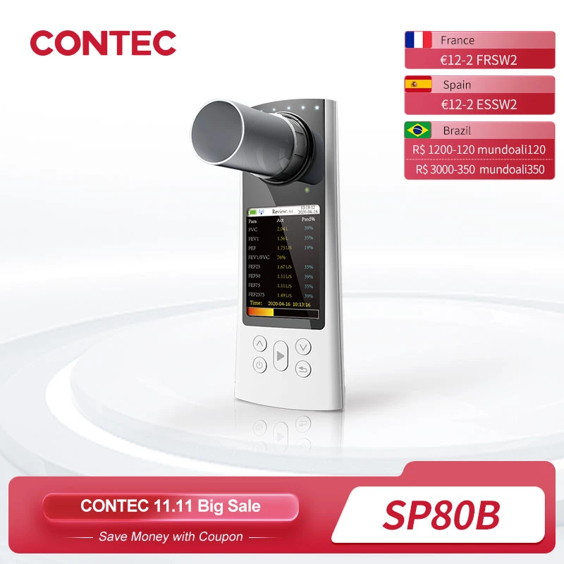 CONTEC 디지털 블루투스 스파이로미터 SP80B, 폐 호흡 진단 활력계 스피로메트리 + PC 소프트웨어|null ...