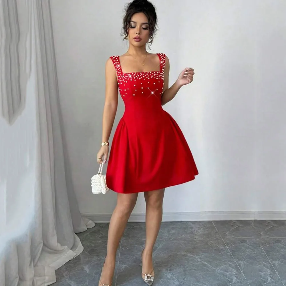 Msikoods Red Mini Party Dress 2025 Pearl Sleeveless Cocktail Dress ...