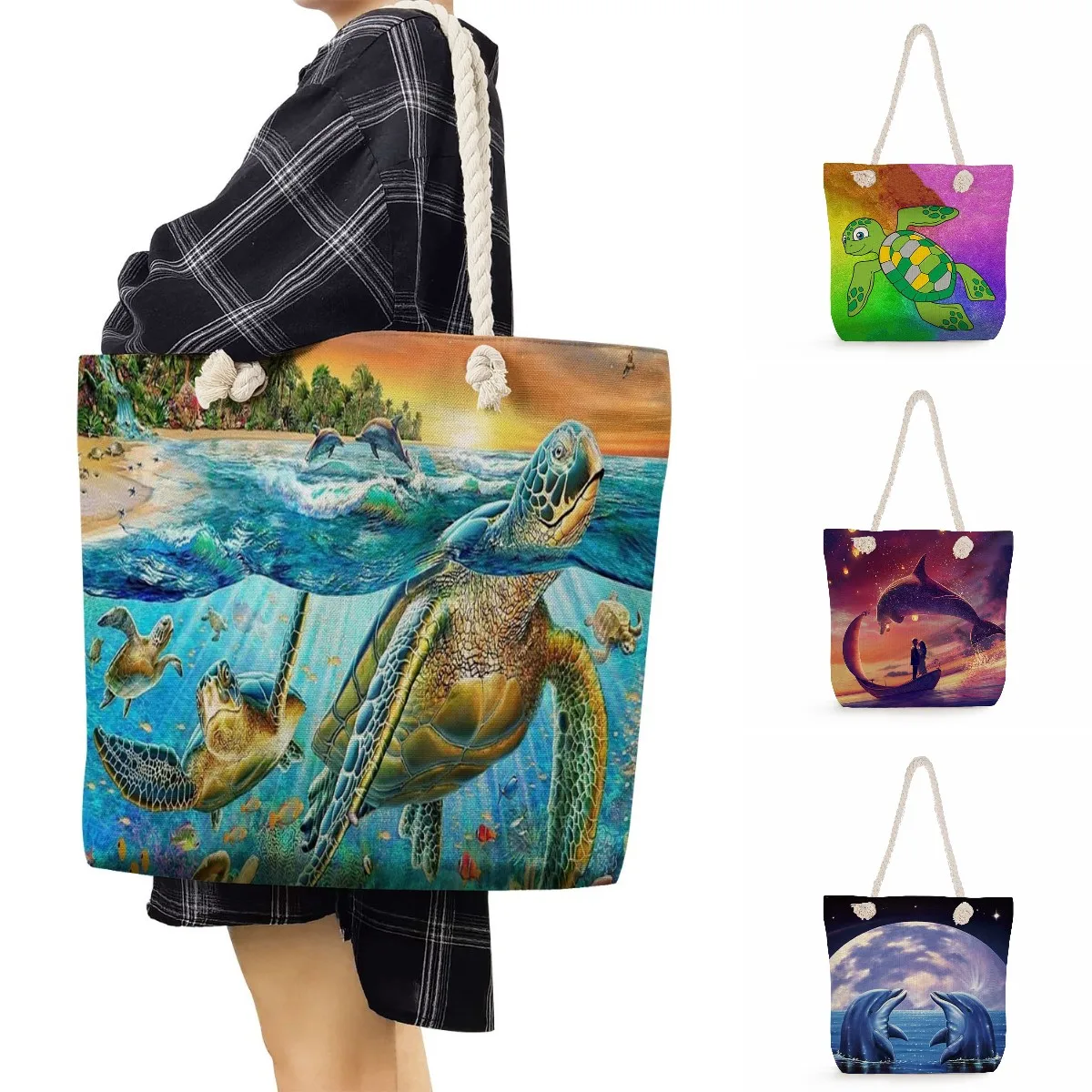 Turtle-Whale-Print-Handbags-Casual-Large-Capacity-Shoulder-Travel-Beach ...