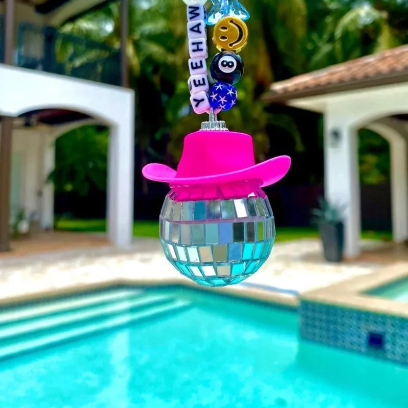 Pink Cowgirl CowBoy Hat Car Charm Rear View Mirror Hanging Disco Ball ...