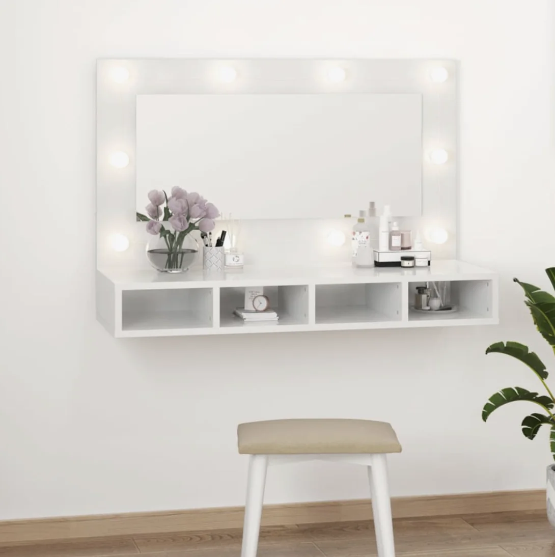 Mueble con espejo y LED blanco brillante 90x31,5x62 cm, Mueble de ...