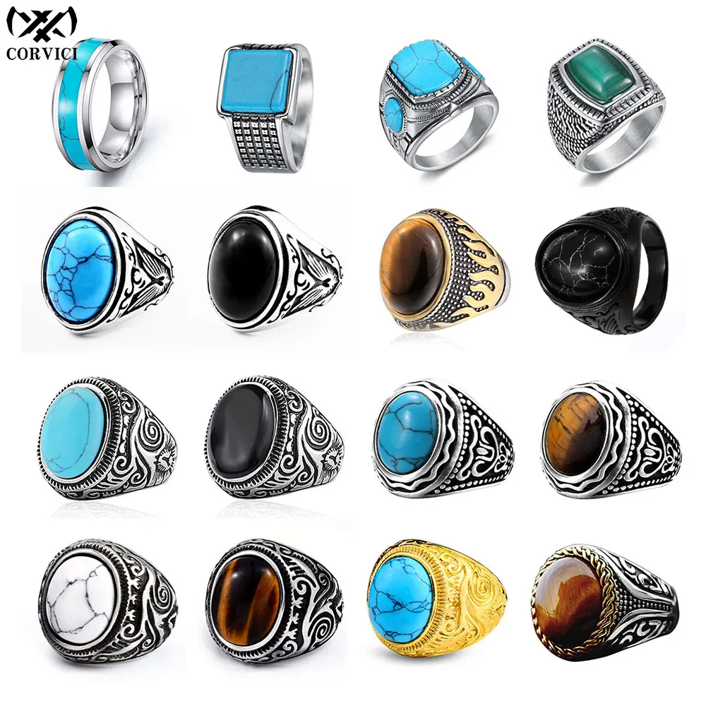 Blue-Stone-Ring-Punk-Rock-Smooth-316L-Stainless-Steel-Signet-Ring-For ...