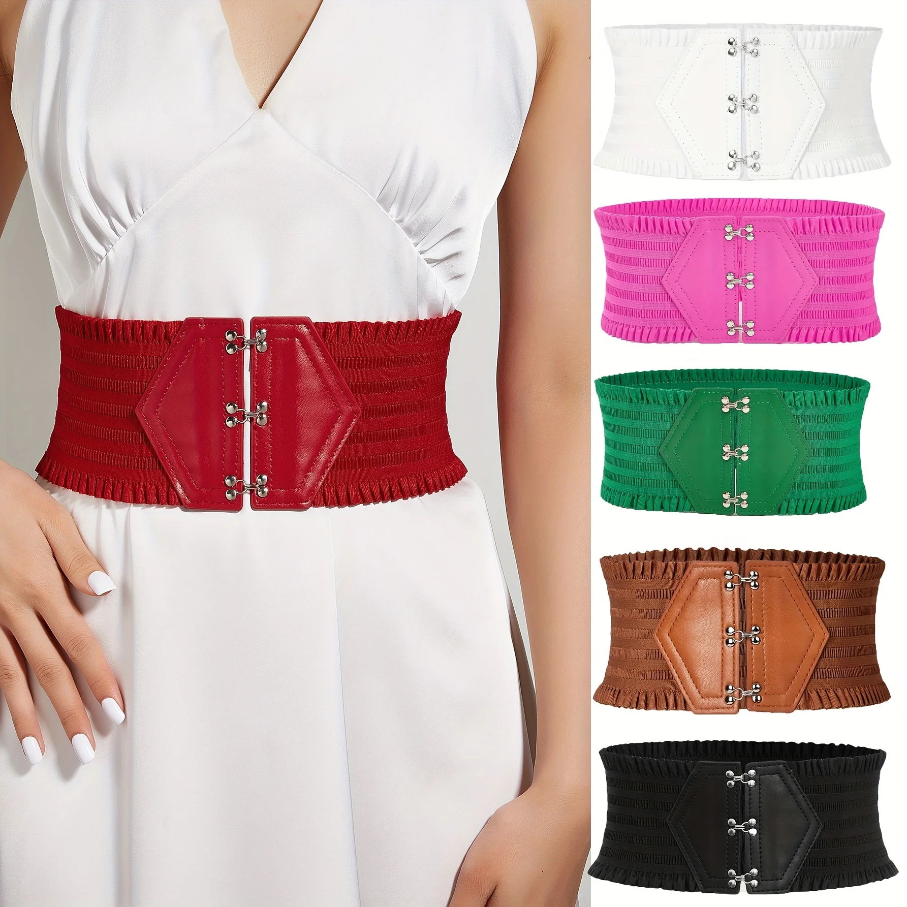 Candy-Color-Ruffles-Wide-Belt-Triple-Buckle-Elegant-Elastic-Waistband ...