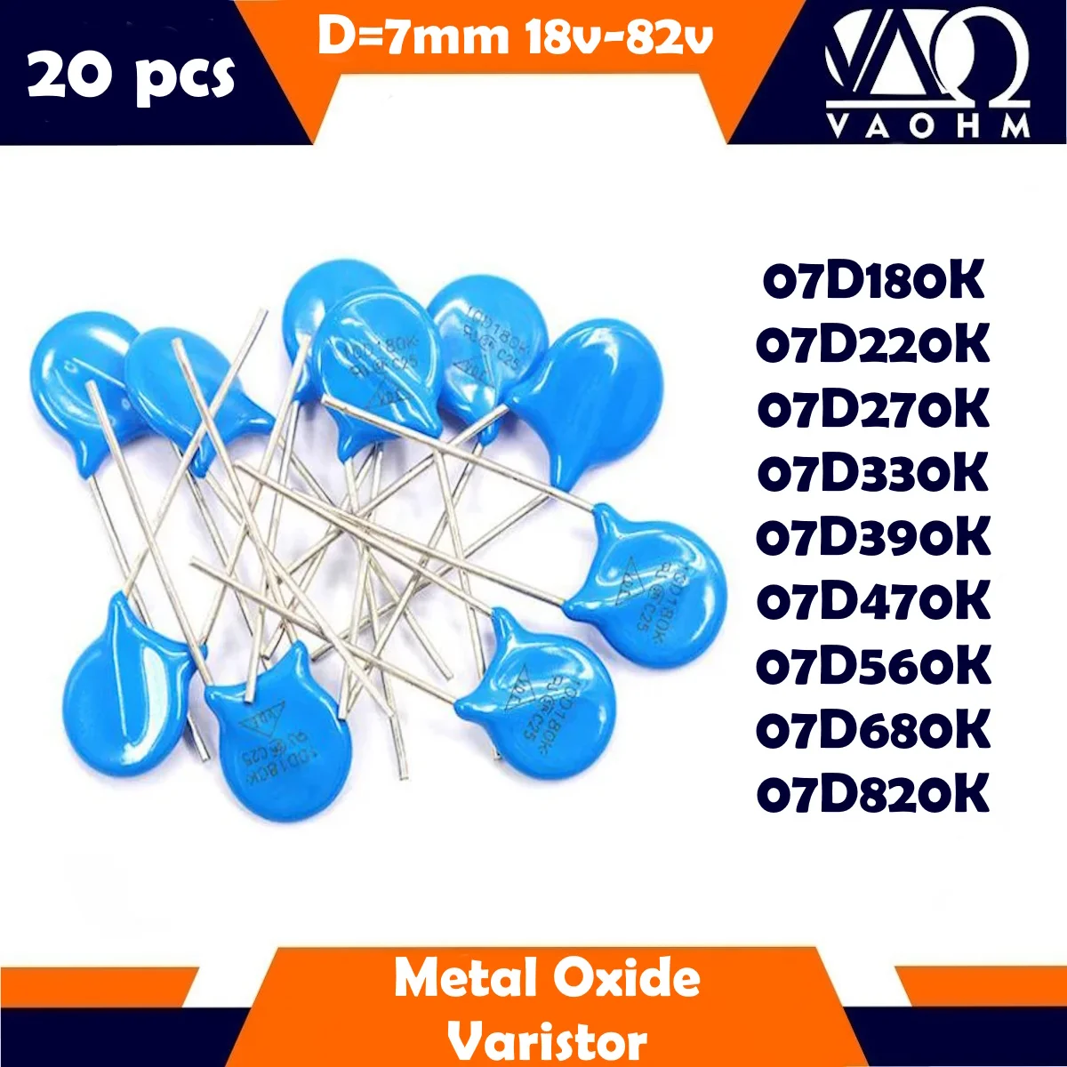 20PCS Metal Oxide Varistor 7mm 07D180K 07D220K 07D270K 07D330K 07D390K ...